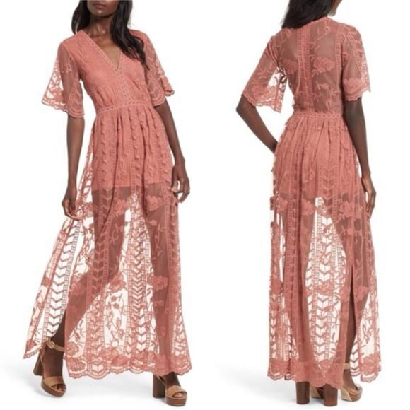 Socialite | Dresses | Socialite Lace Sheer Overlay Mauve Bohemian Maxi ...